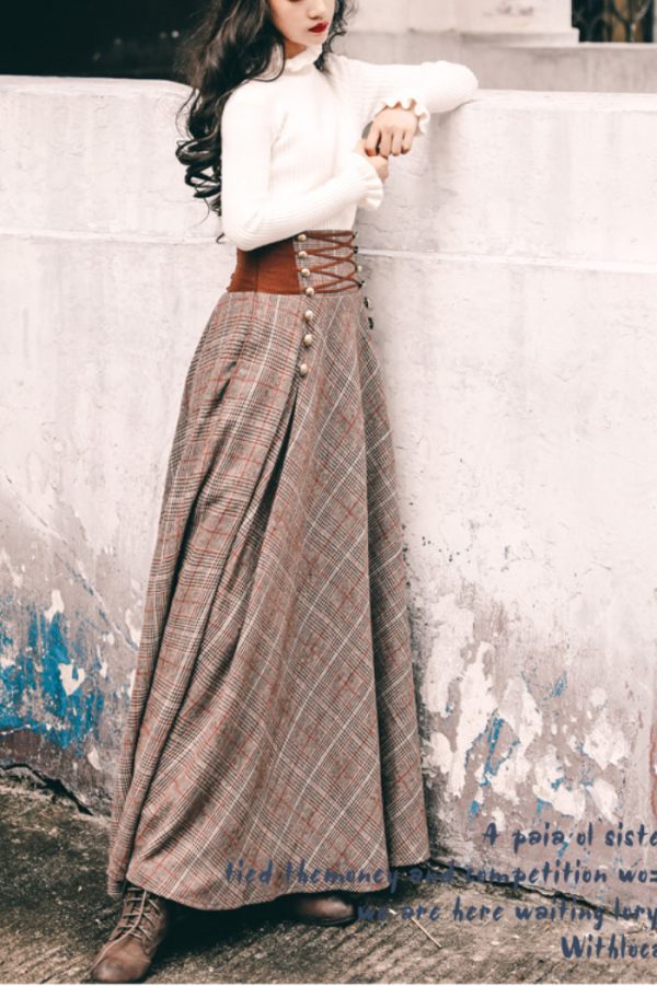 Women Checkered Skirts Vintage High Waisted Button Long Maxi Cotton ...