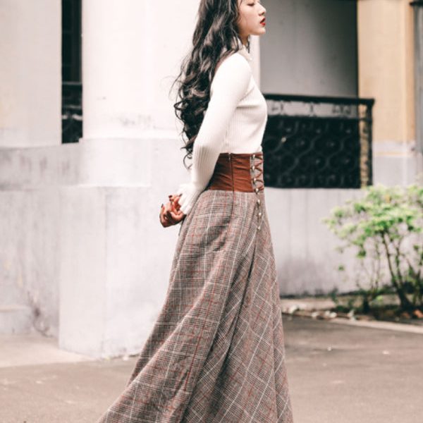 Women Checkered Skirts Vintage High Waisted Button Long Maxi Cotton ...